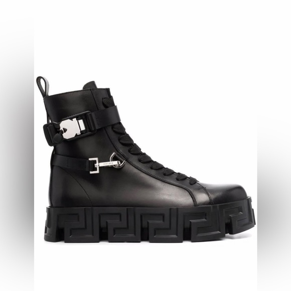 Versace | Shoes | Versace Greca Labyrinth Leather Boots Black 435 ...